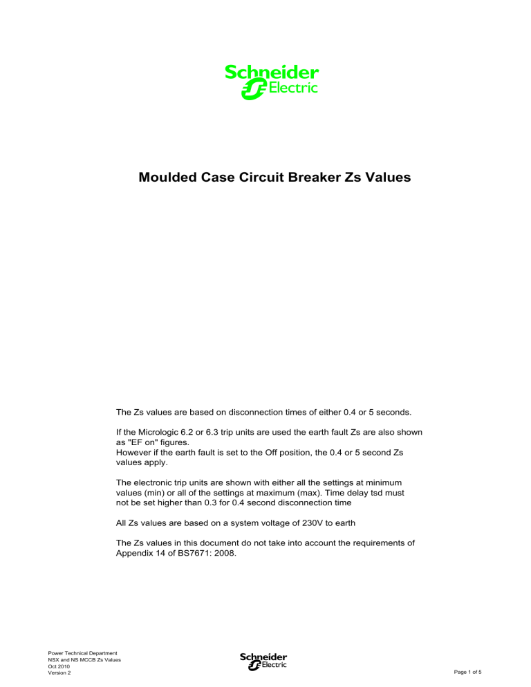 MCCB Zs Values: Schneider Electric Technical Specs