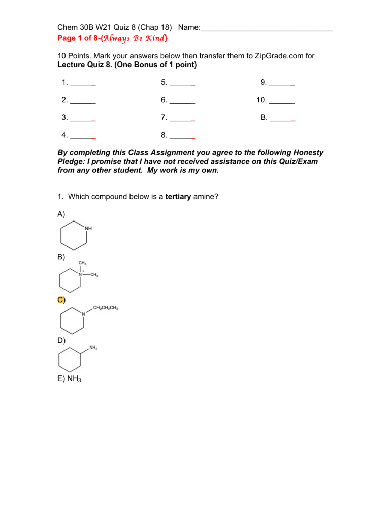 Chem 30B Quiz 8: Amines