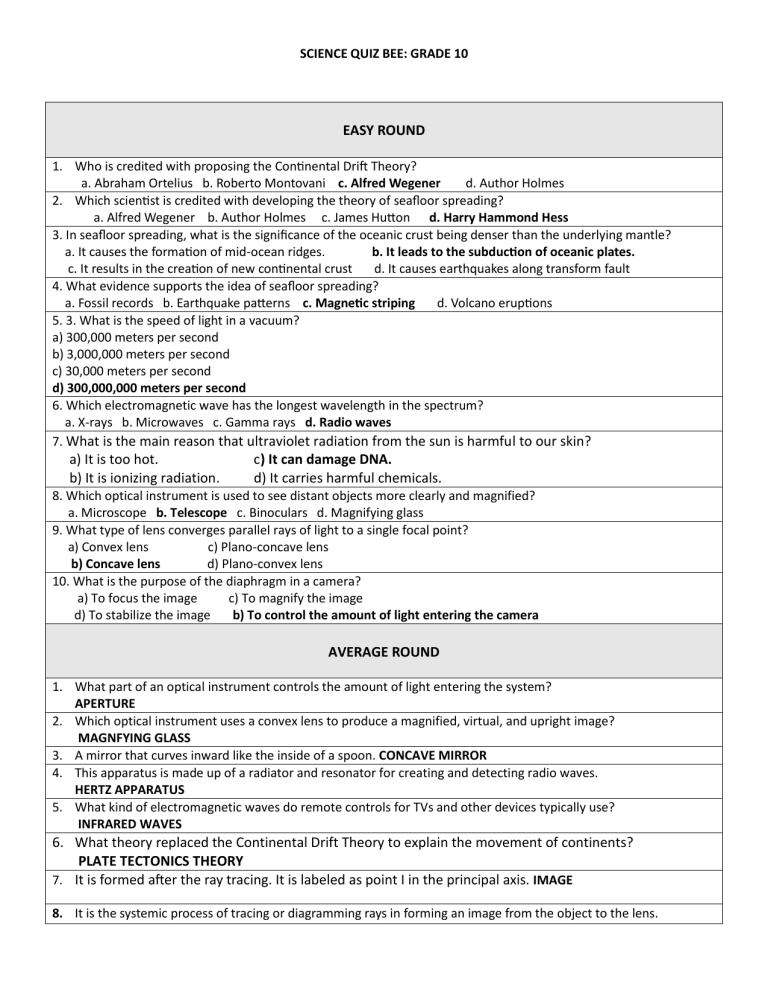 Grade 10 Science Quiz: Earth, Physics, Optics