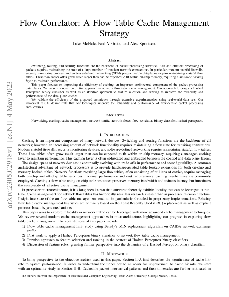 Flow Table Cache Management with Hashed Perceptron