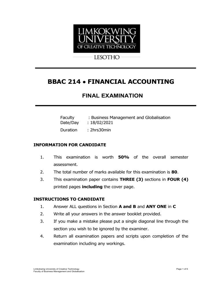 Financial Accounting Exam Paper