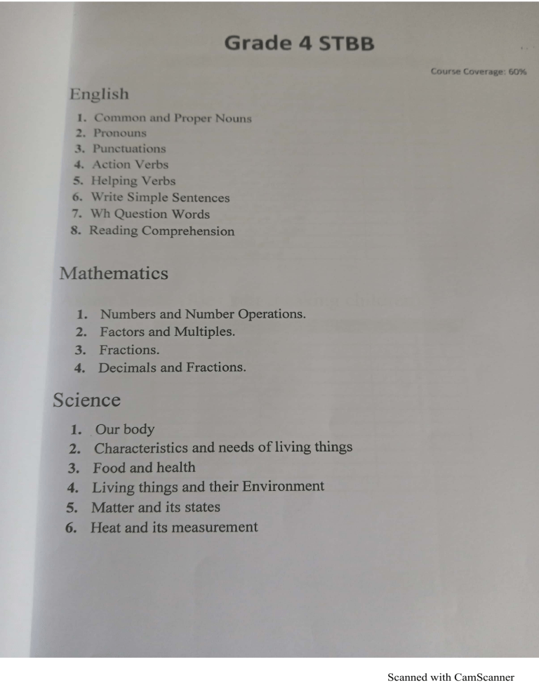 Grade 4 Course Outline: English, Math, Science