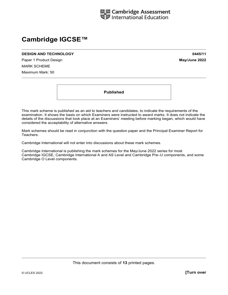 Cambridge IGCSE Design & Tech Mark Scheme 2022