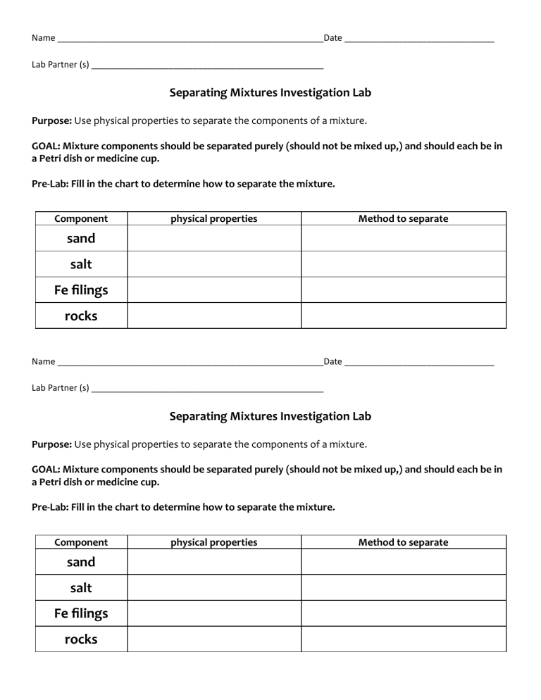 Separating Mixtures Lab Worksheet