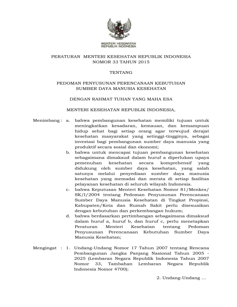 Peraturan Menteri Kesehatan No. 33 Tahun 2015