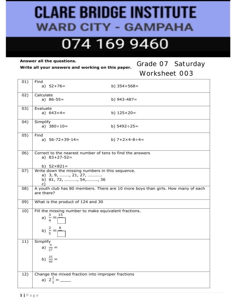 Grade 7 Math Worksheet: Arithmetic, Fractions, Decimals