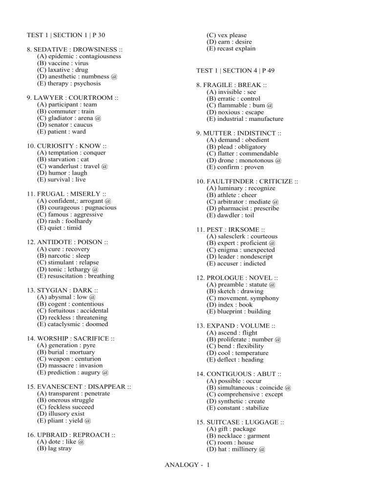 Analogy Test Questions for High School/Early College