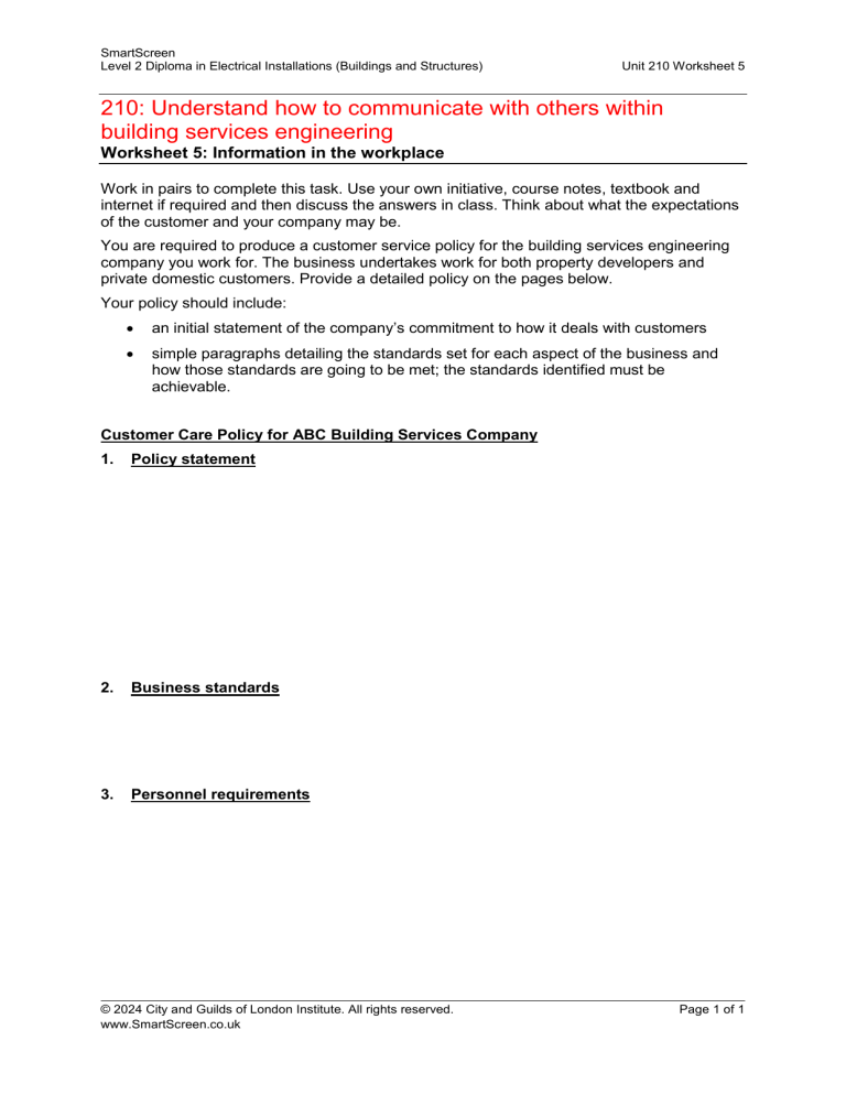 Electrical Installations Customer Service Policy Worksheet