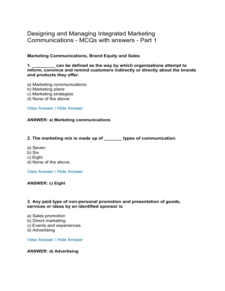 Marketing Communications MCQs with Answers