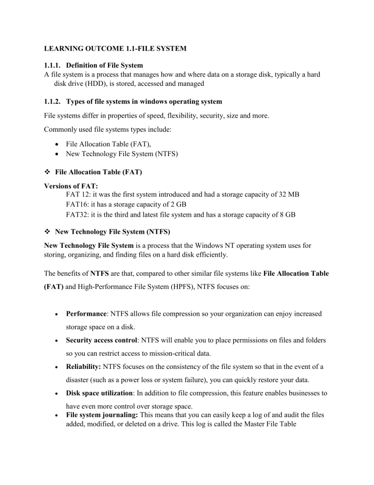 File Systems: FAT, NTFS, HFS, Linked List, B-Tree