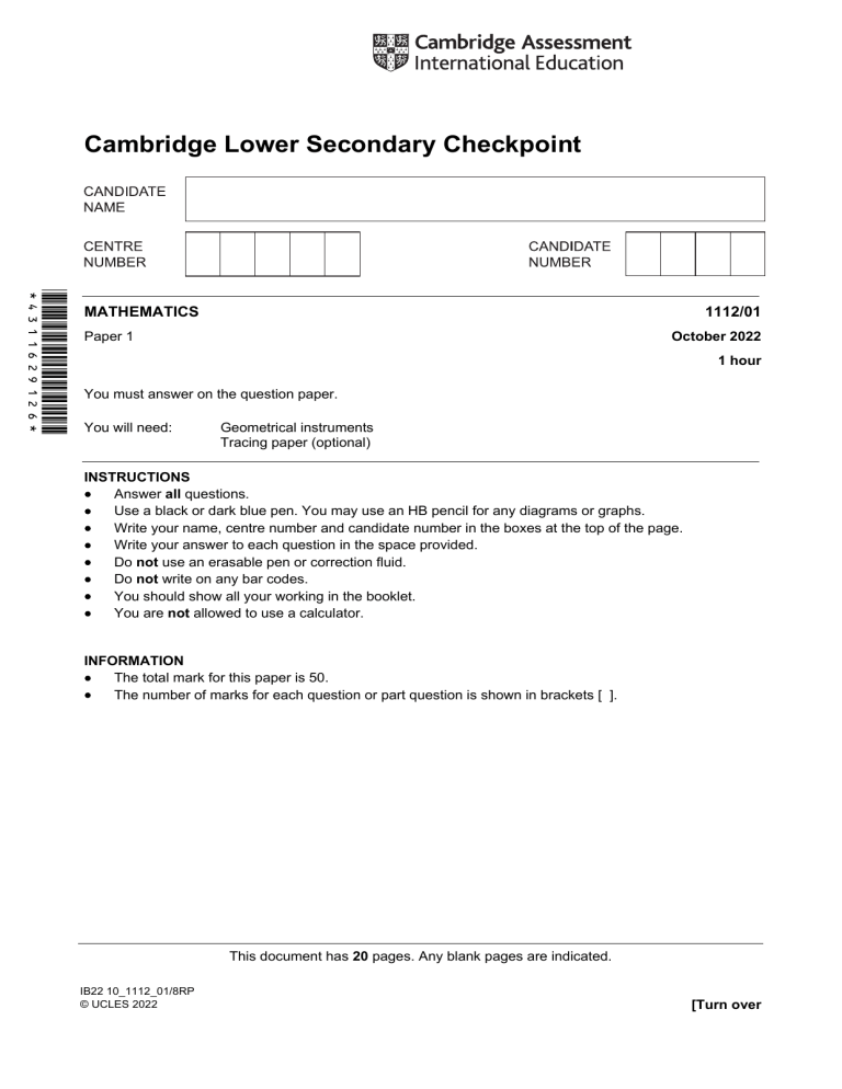 Cambridge Lower Secondary Checkpoint Mathematics Paper 1