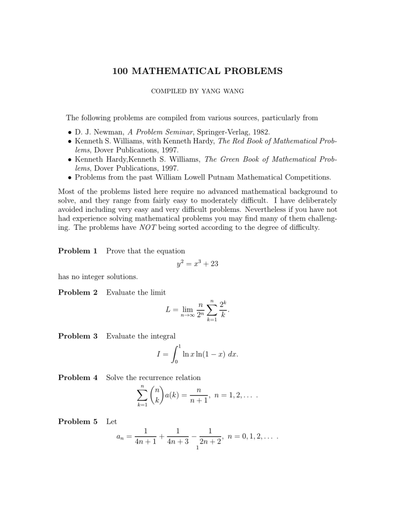 100 Mathematical Problems: Problem Set