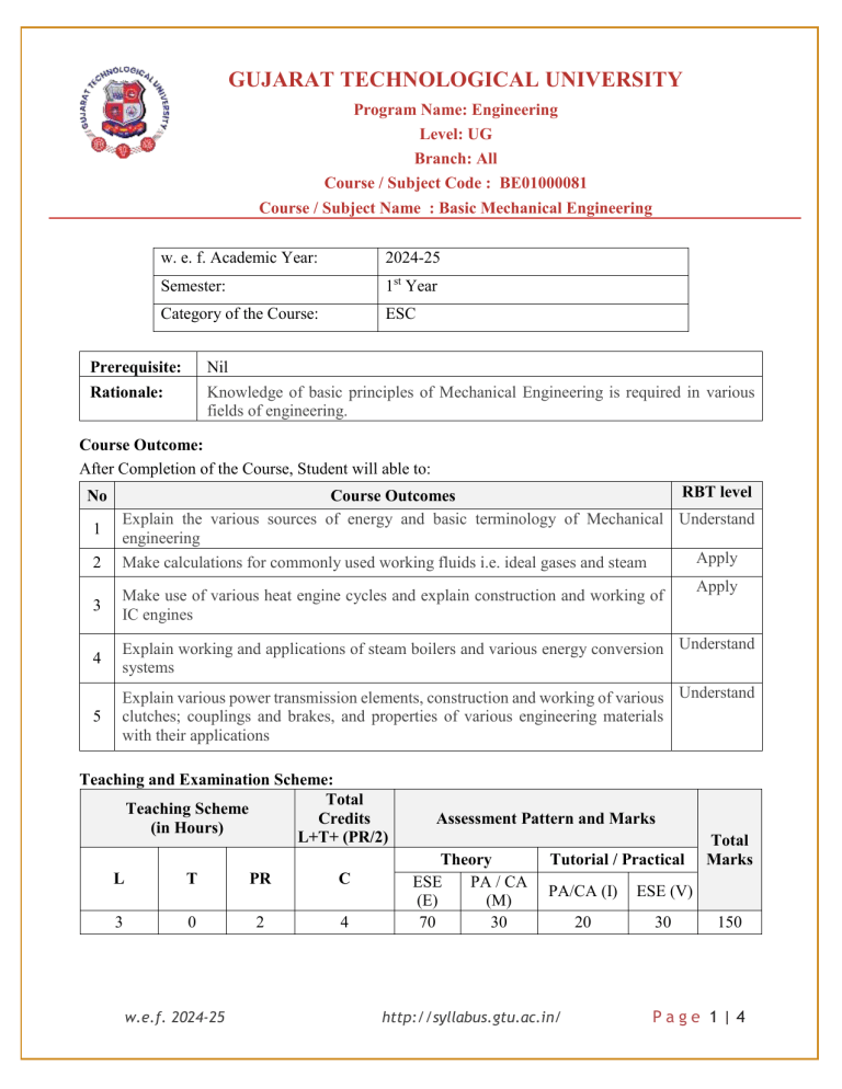 Basic Mechanical Engineering Course Syllabus