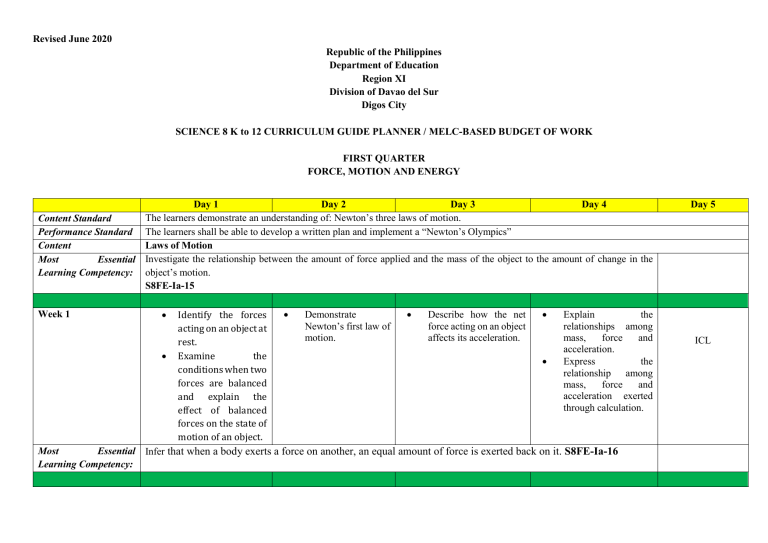 Science 8 Curriculum Guide: Force, Motion, Energy