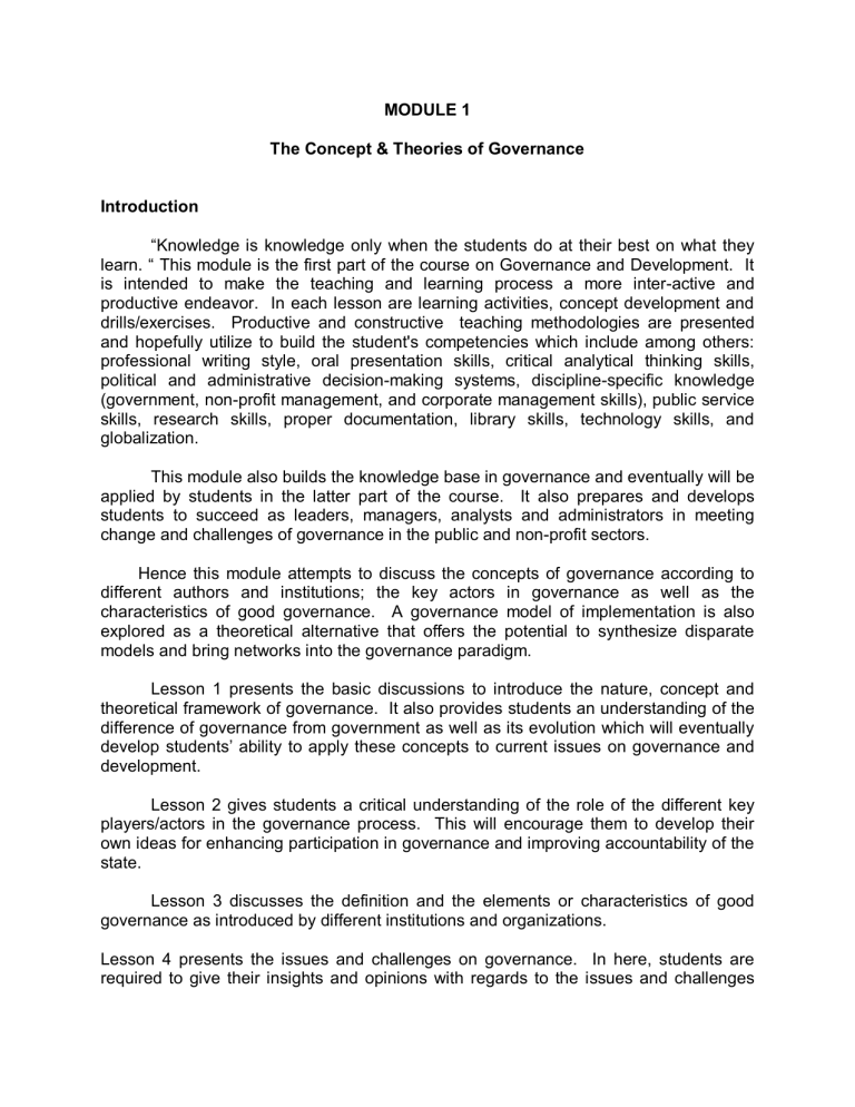 Governance & Development Module: Concepts & Theories