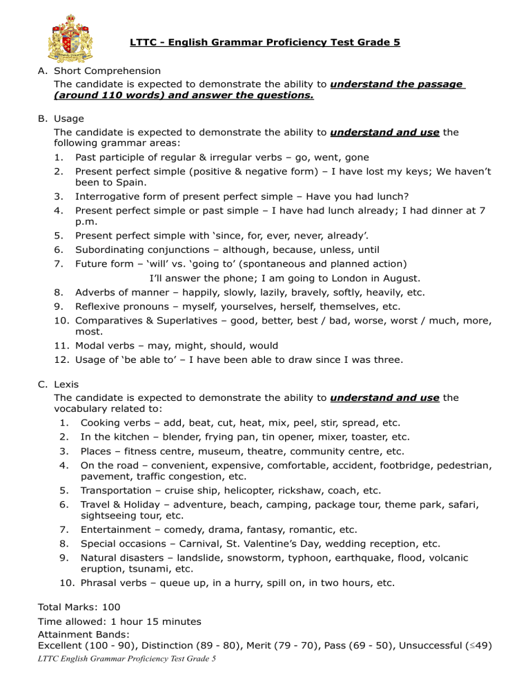 Grade 5 English Grammar Proficiency Test Sample