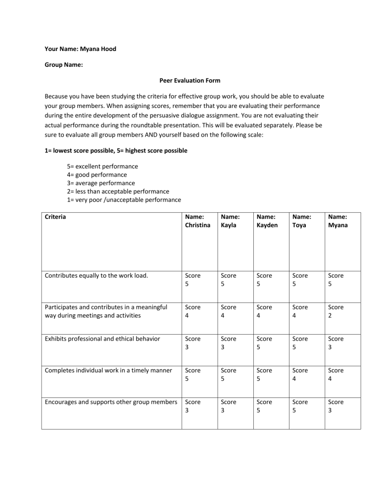 Peer Evaluation Form for Group Project