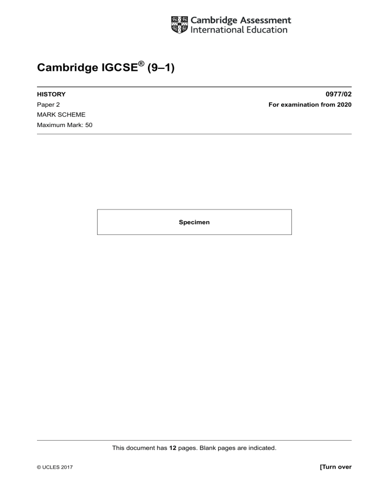 Cambridge IGCSE History Paper 2 Mark Scheme