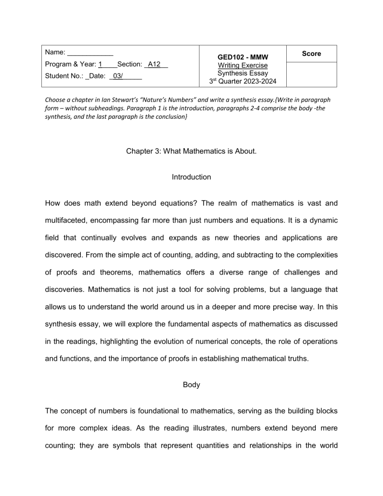 Math Synthesis Essay: Nature's Numbers Chapter 3