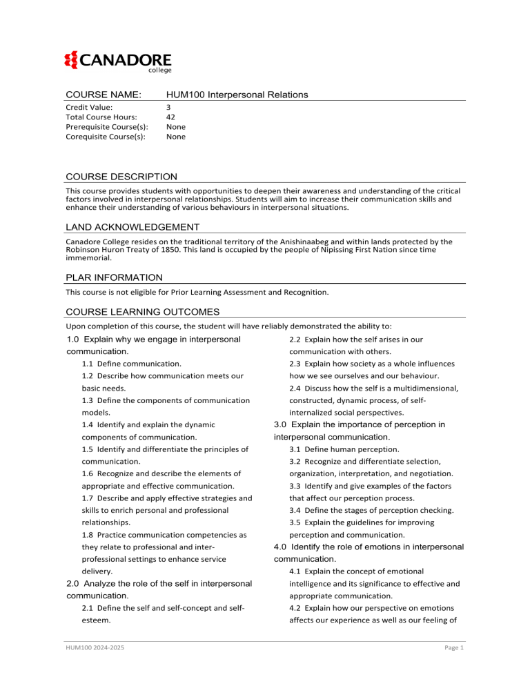 HUM100 Interpersonal Relations Course Outline