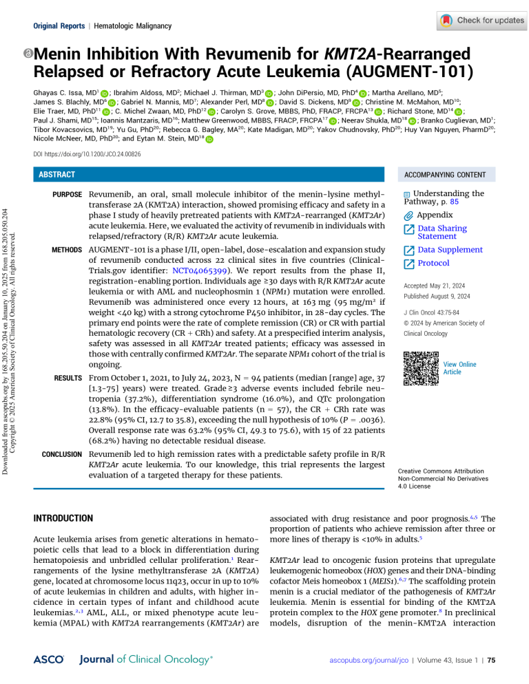 Revumenib for KMT2A-Rearranged Leukemia: Clinical Trial
