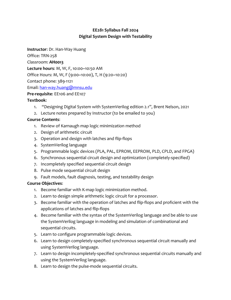 EE281 Digital System Design Syllabus Fall 2024