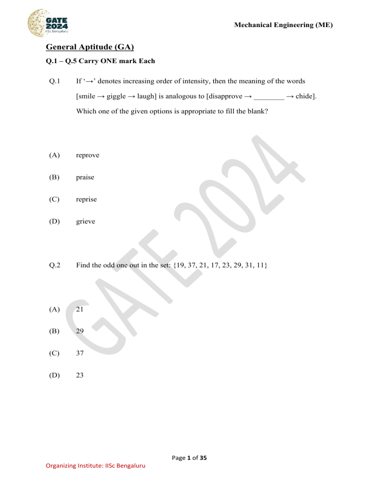 Mechanical Engineering Exam Paper with General Aptitude Questions
