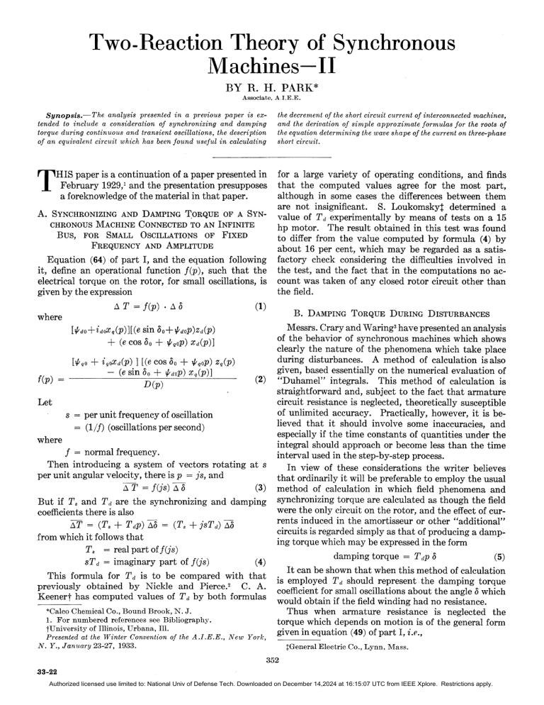Two-Reaction Theory of Synchronous Machines