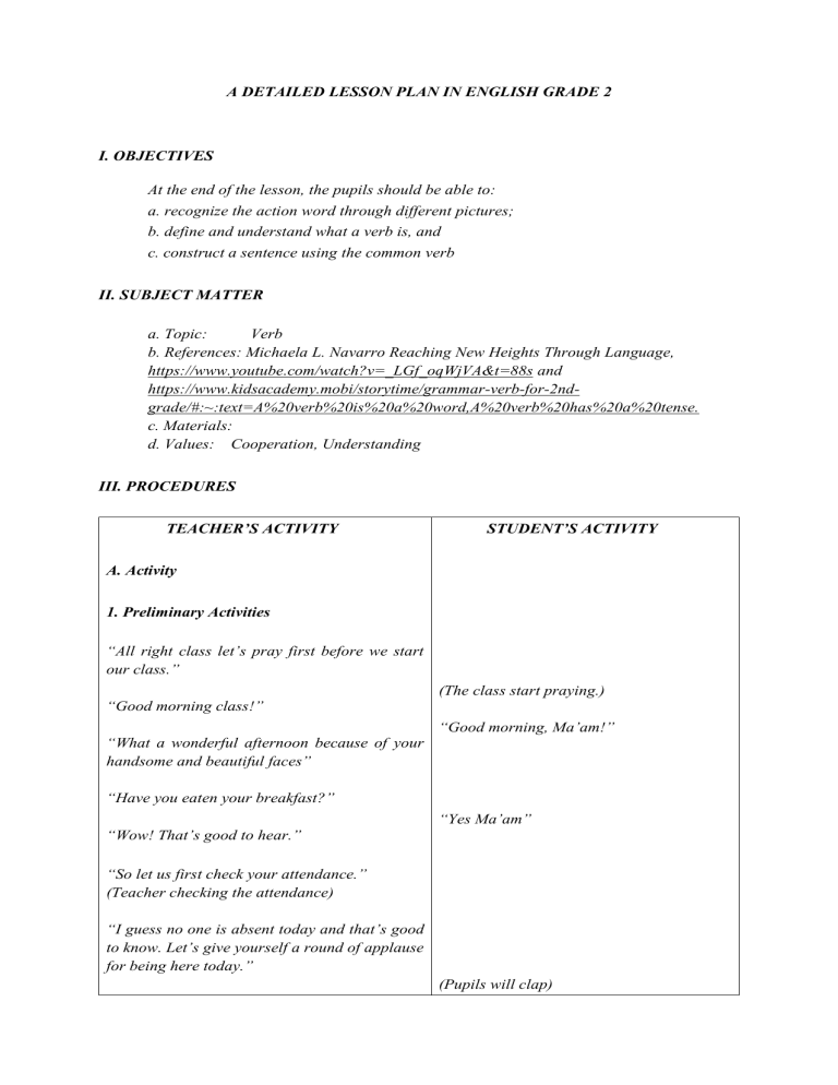 English Grade 2 Lesson Plan: Verbs