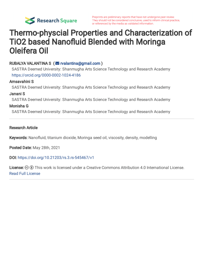 TiO2 Nanofluid with Moringa Oil: Thermo-physical Properties