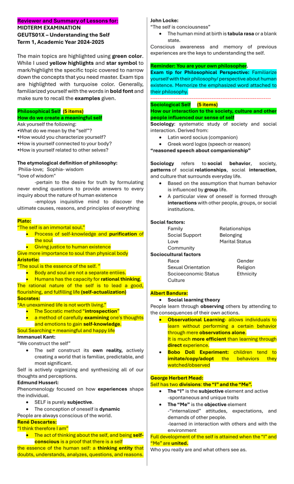 Understanding the Self: Review & Summary