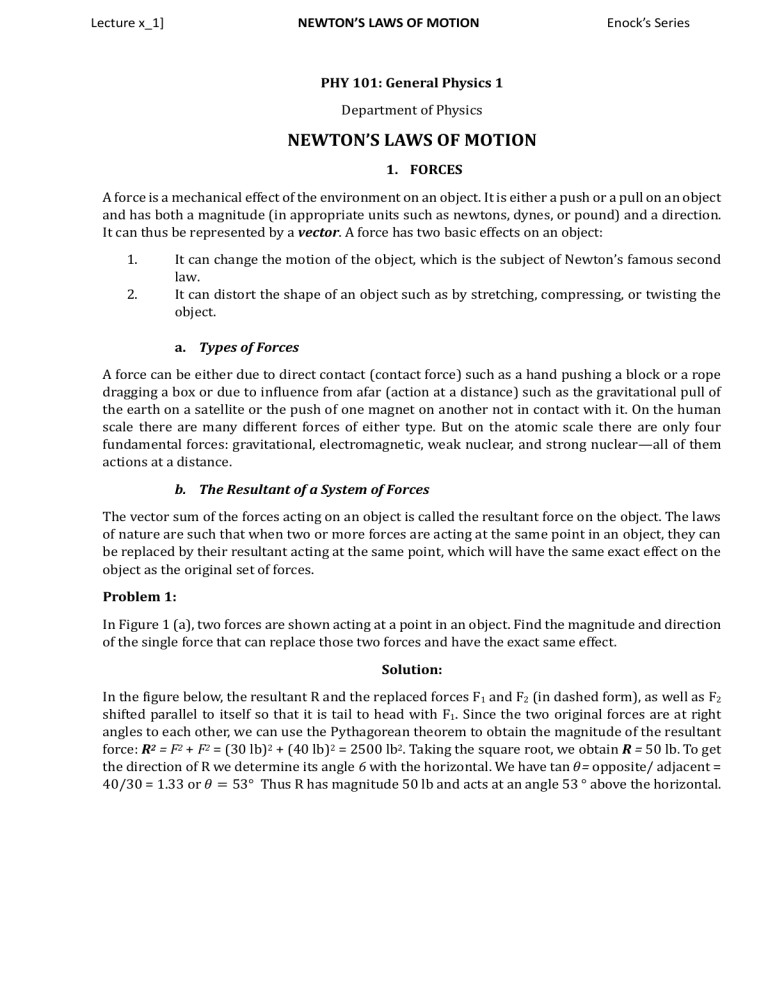 Newton's Laws of Motion Lecture Notes