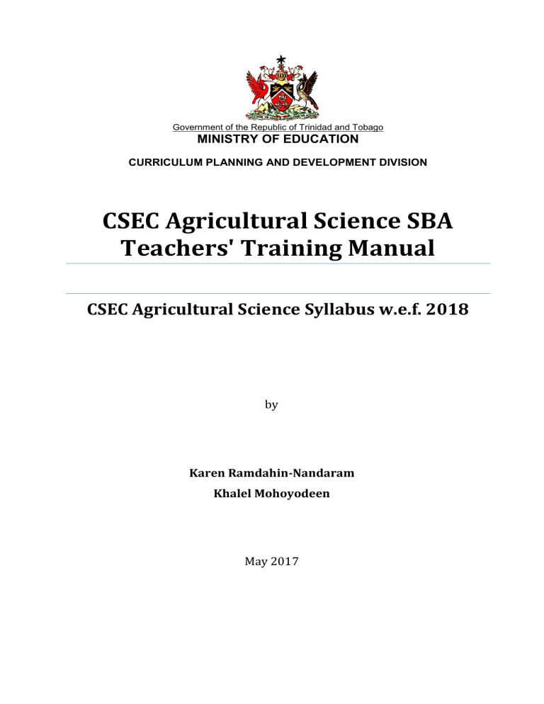 CSEC Agricultural Science SBA Teachers' Training Manual