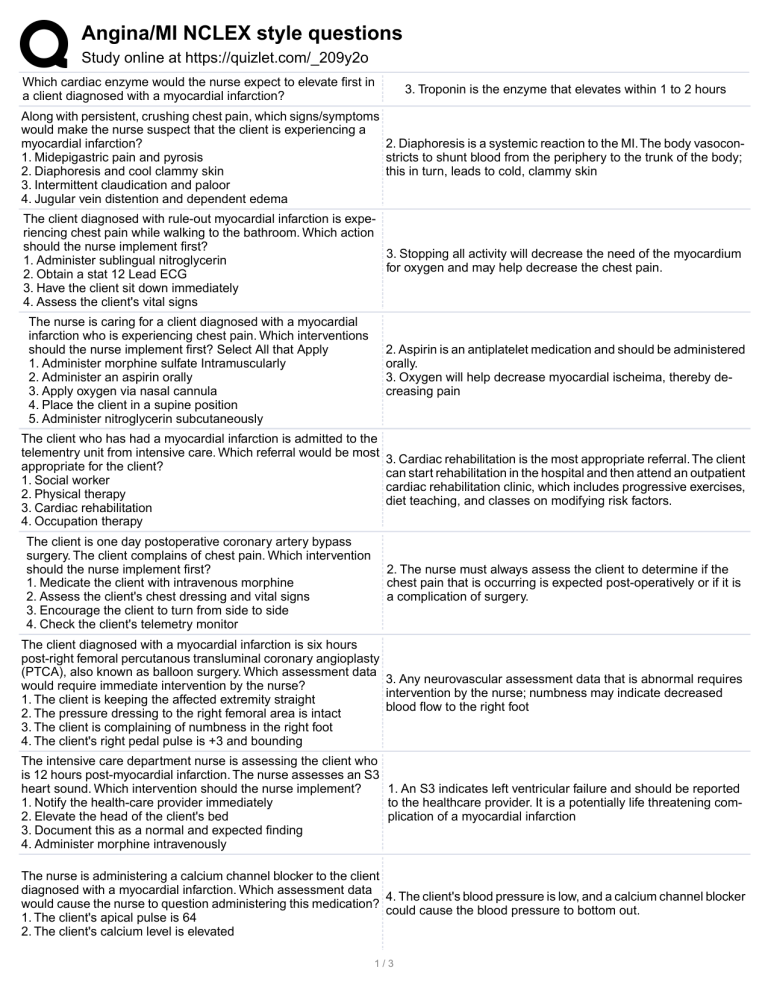 Angina/MI NCLEX Study Guide: Cardiac Nursing Questions