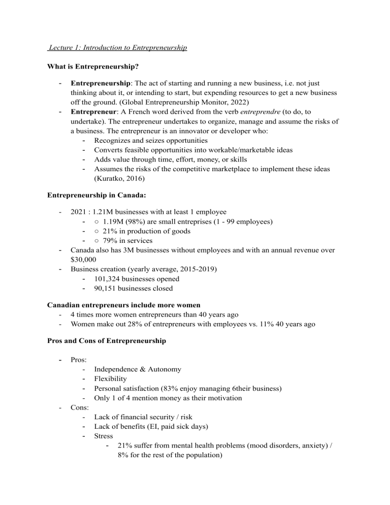 Entrepreneurship Lecture Notes