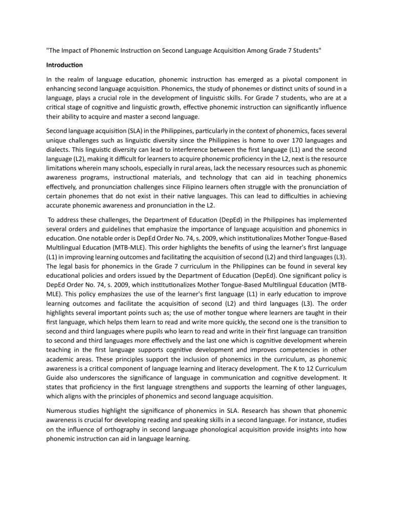 Phonemic Instruction & Second Language Acquisition in Grade 7