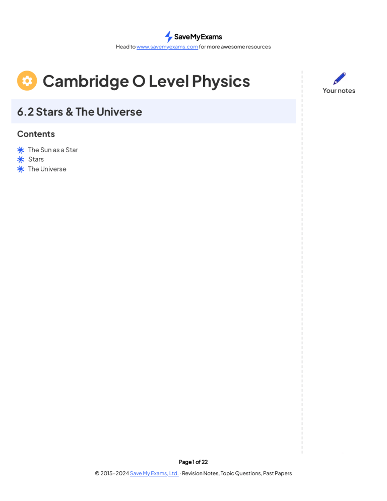 Stars & Universe: Cambridge O Level Physics Revision Notes