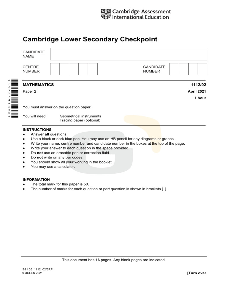 Cambridge Lower Secondary Checkpoint Mathematics Exam Paper