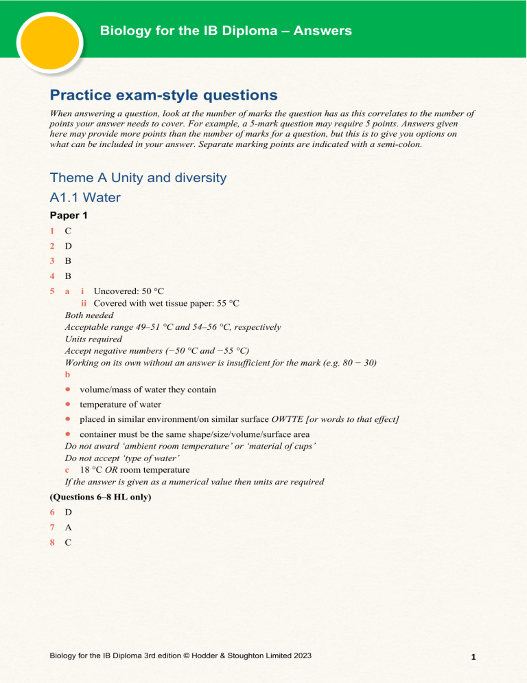 Biology IB Diploma Answers: Water Practice Exam Key