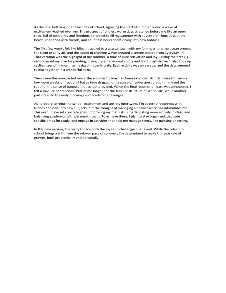Summer Break Reflection: Return to School Essay