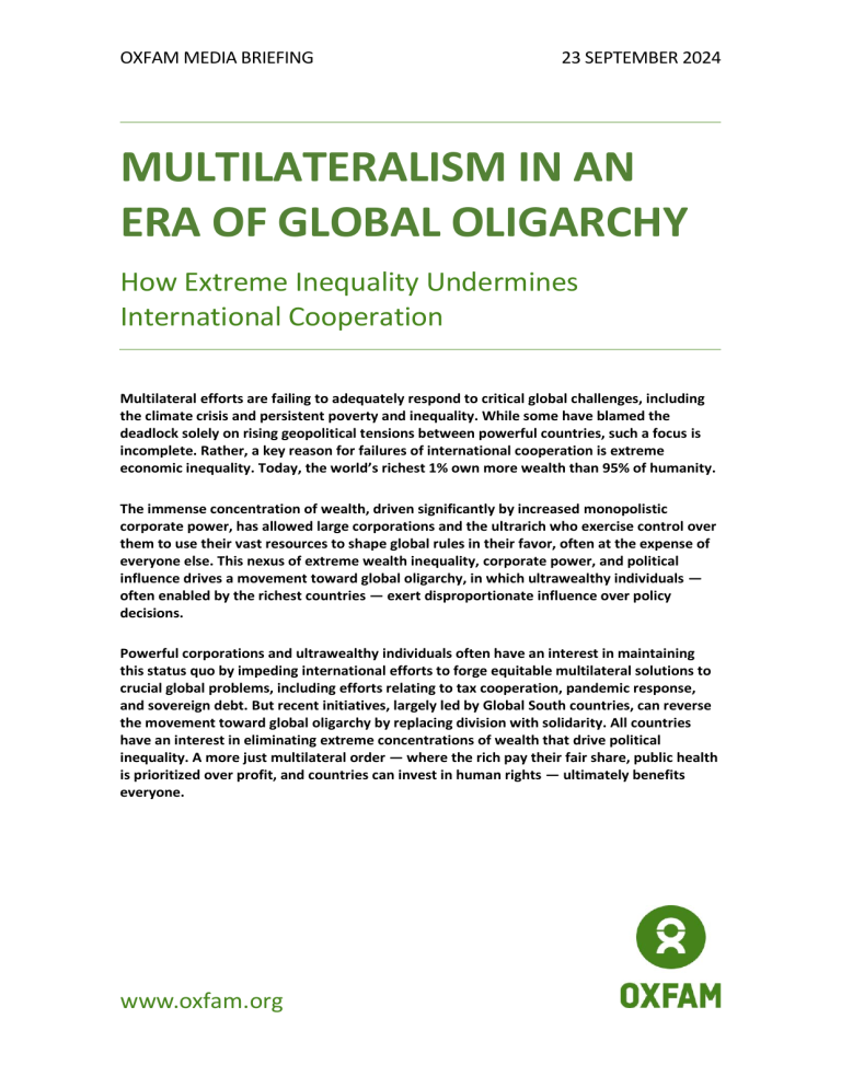 Global Oligarchy & Inequality: Oxfam Media Briefing