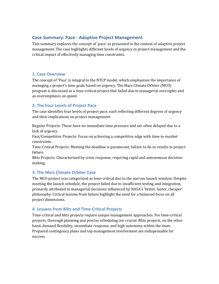 Adaptive Project Management: Pace Case Study