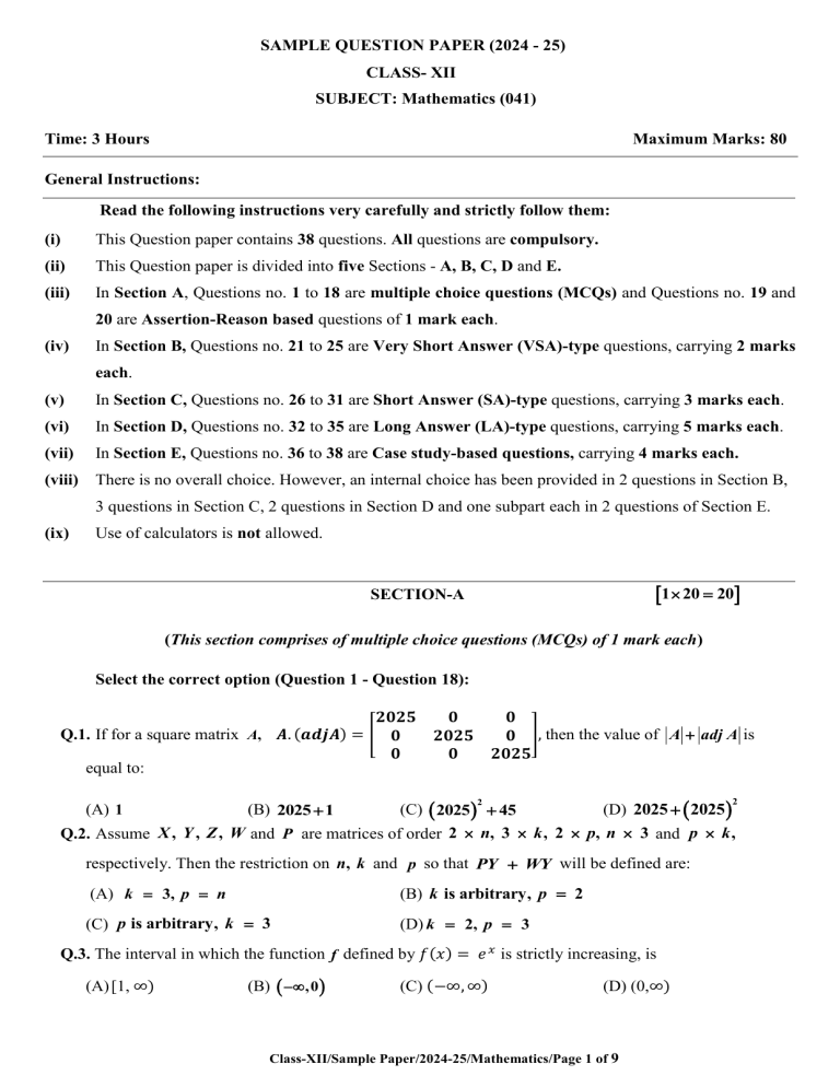 Class XII Mathematics Sample Question Paper 2024-25