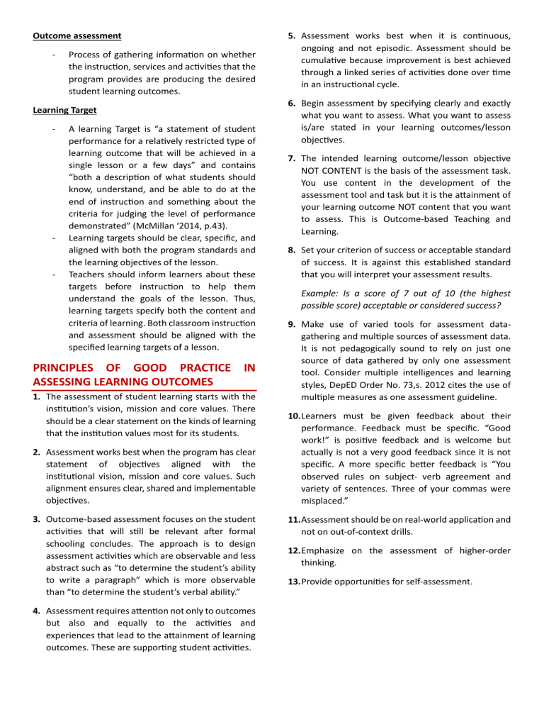 Learning Outcome Assessment Principles