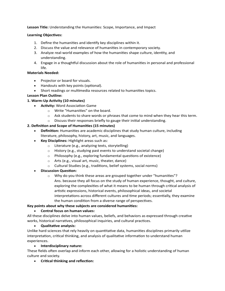 Understanding the Humanities: Lesson Plan