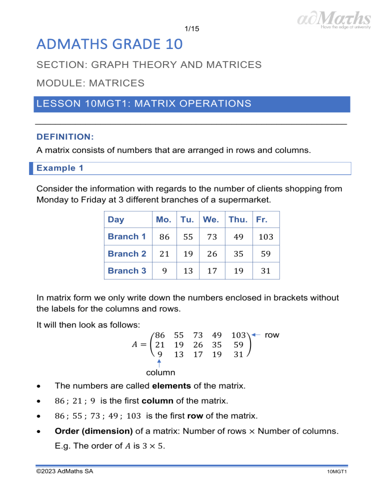 Matrix Operations Worksheet: Grade 10 Math
