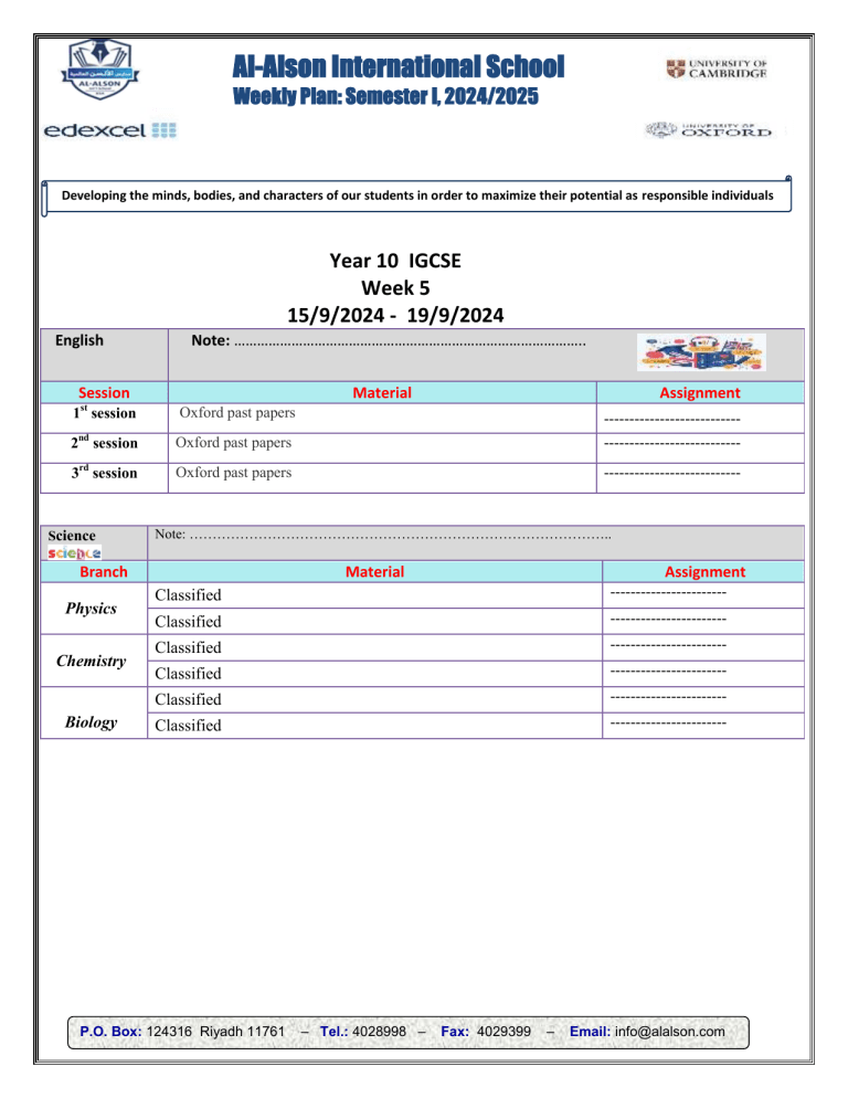 Year 10 IGCSE Weekly Plan - Al-Alson School