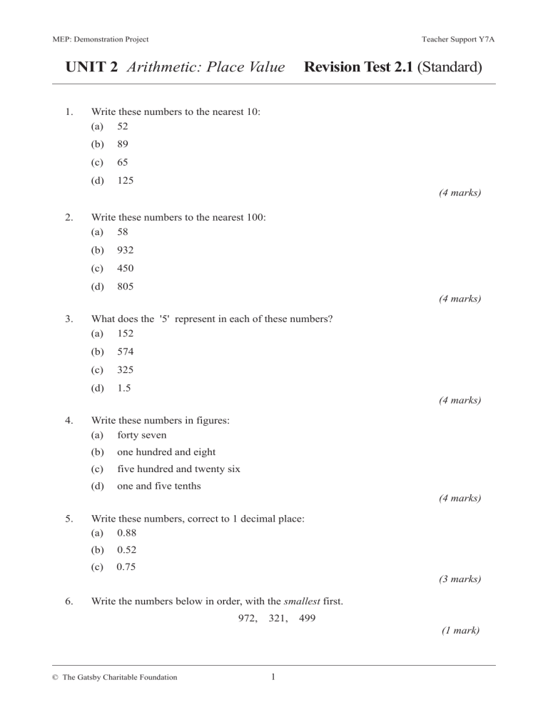 Arithmetic Place Value Revision Test