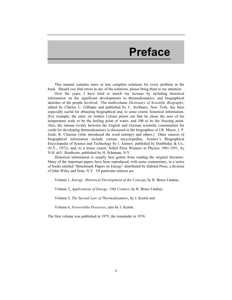 Thermodynamics Solutions Manual Preface