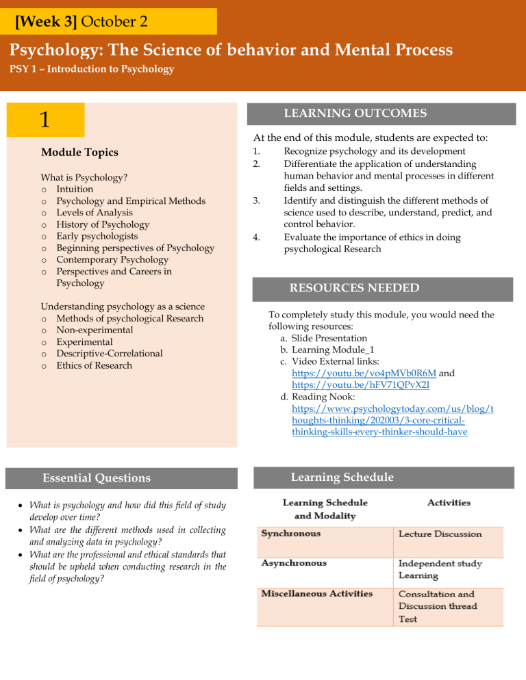 Psychology Learning Module: Intro to Science & Behavior